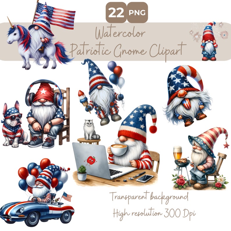 Watercolor Patriotic Gnome Clipart, Downloadable Gnome Clipart PNG ...