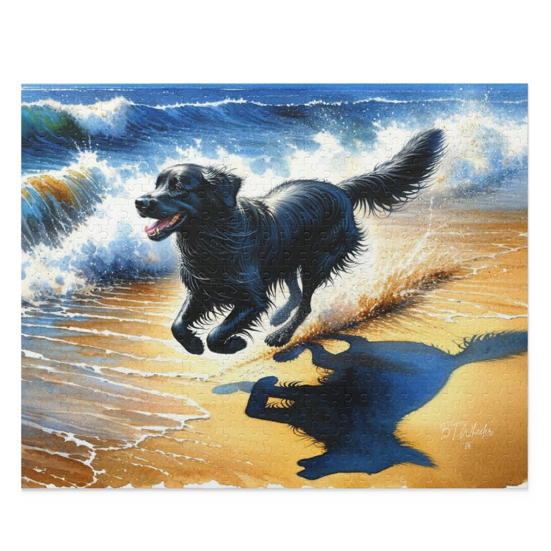 Black Golden Retriever - Joyful Chase on the Shore - Puzzle (120, 252 ...