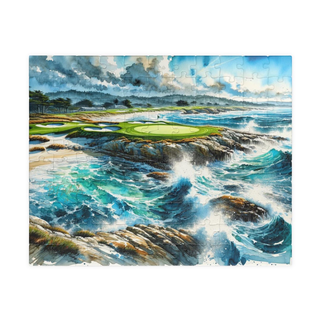 Pebble Beach Golf Links Jigsaw Puzzle, Watercolor Coastal Art - Etsy