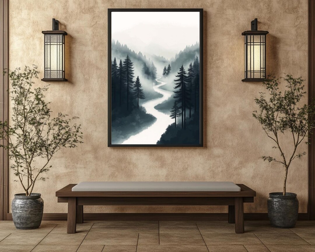 Misty Forest Japandi-style Digital Wall Art Minimalist Nature Landscape ...