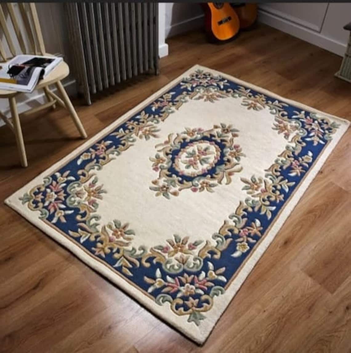 Oriental Royal Traditional Rug Floor Mat, Vintage Vinyl Rug, Blue Vinyl ...