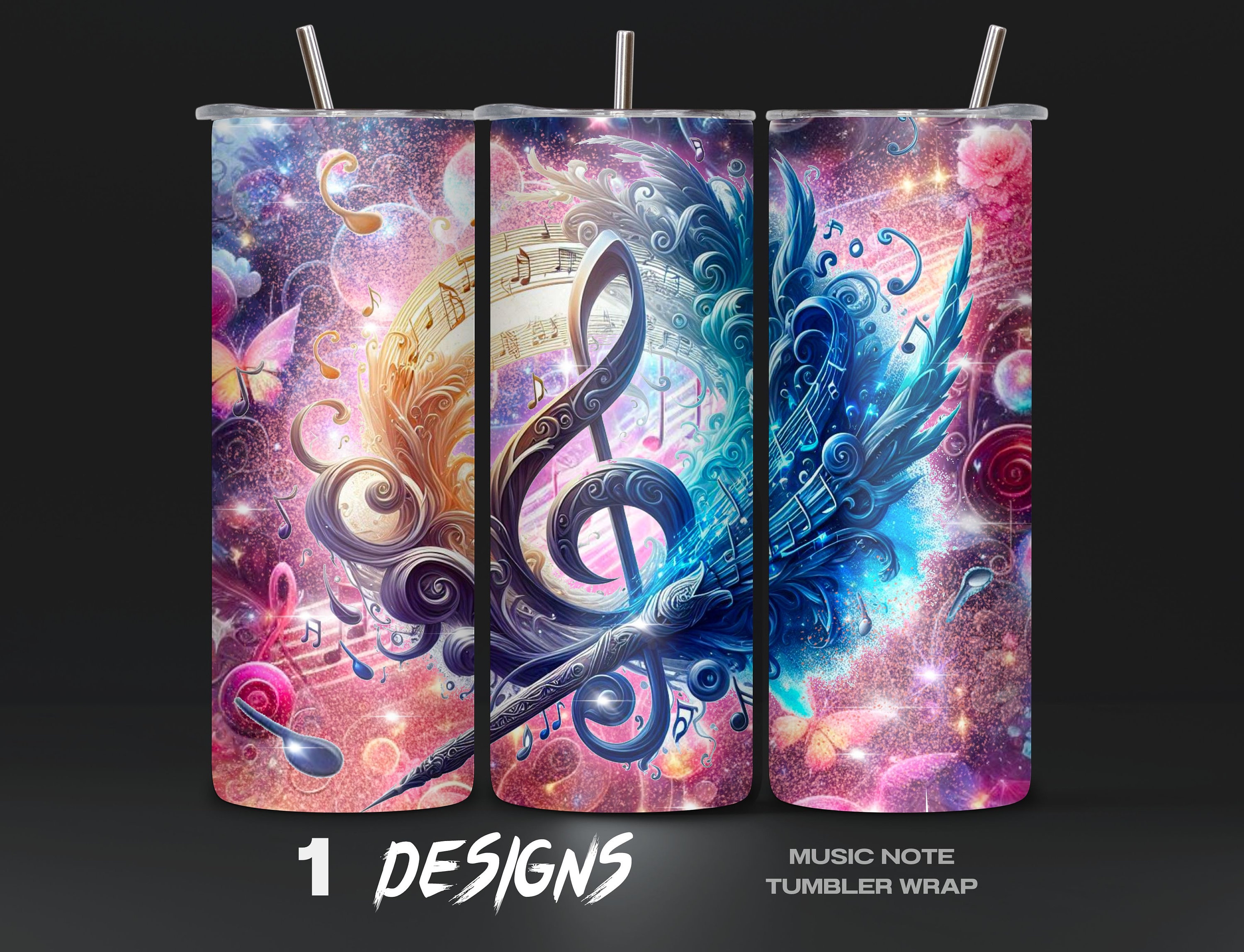 Music Note Tumbler Wrap 20 Oz PNG, Musical Flowers Tumbler Design ...