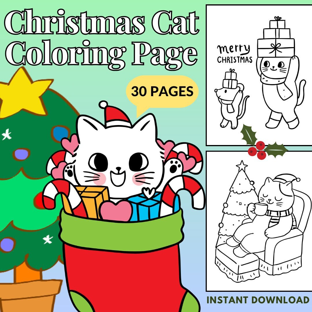 Christmas Cat Coloring Pages | Cute Coloring Pages for Kids | Kitty Cat ...