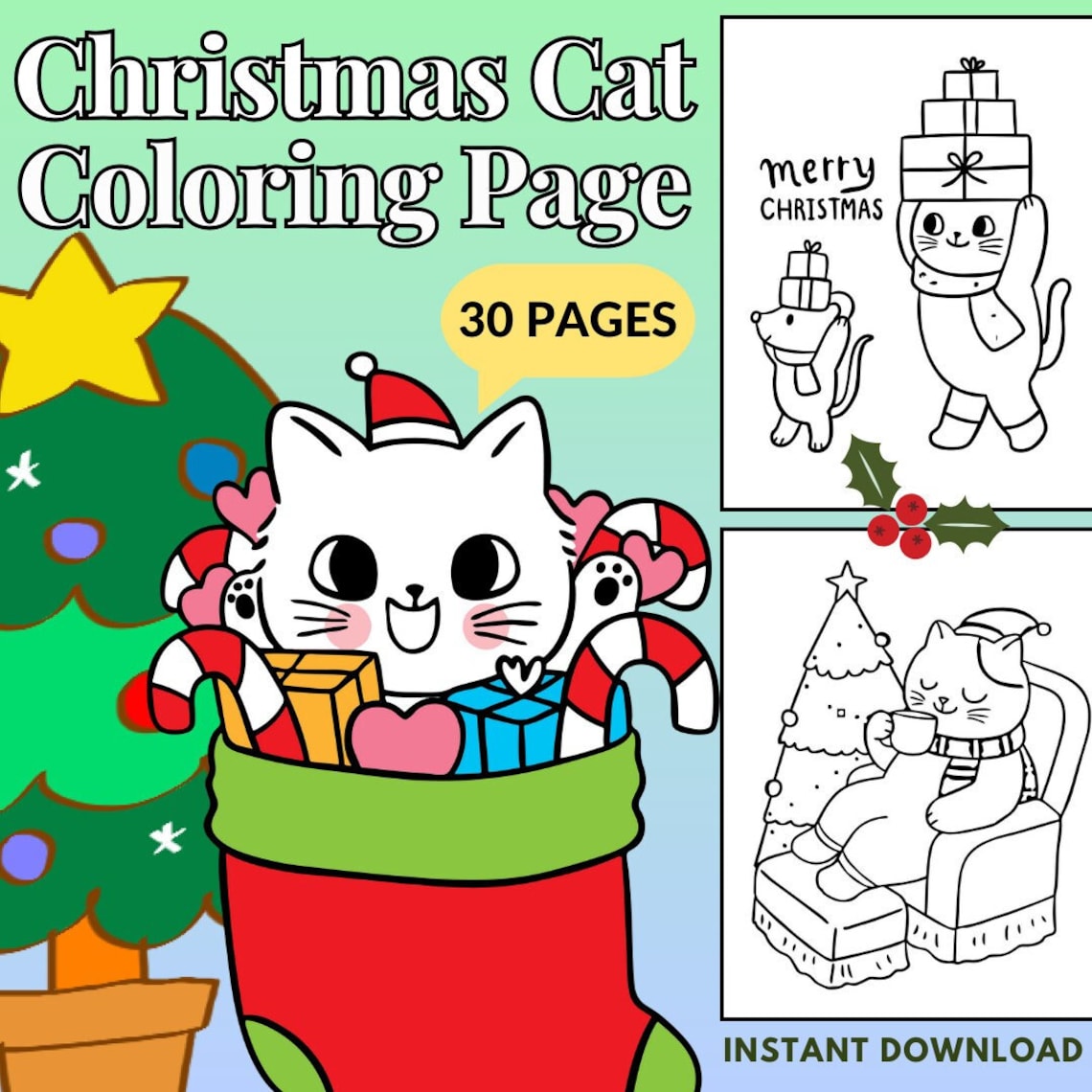Christmas Cat Coloring Pages | Cute Coloring Pages for Kids | Kitty Cat ...
