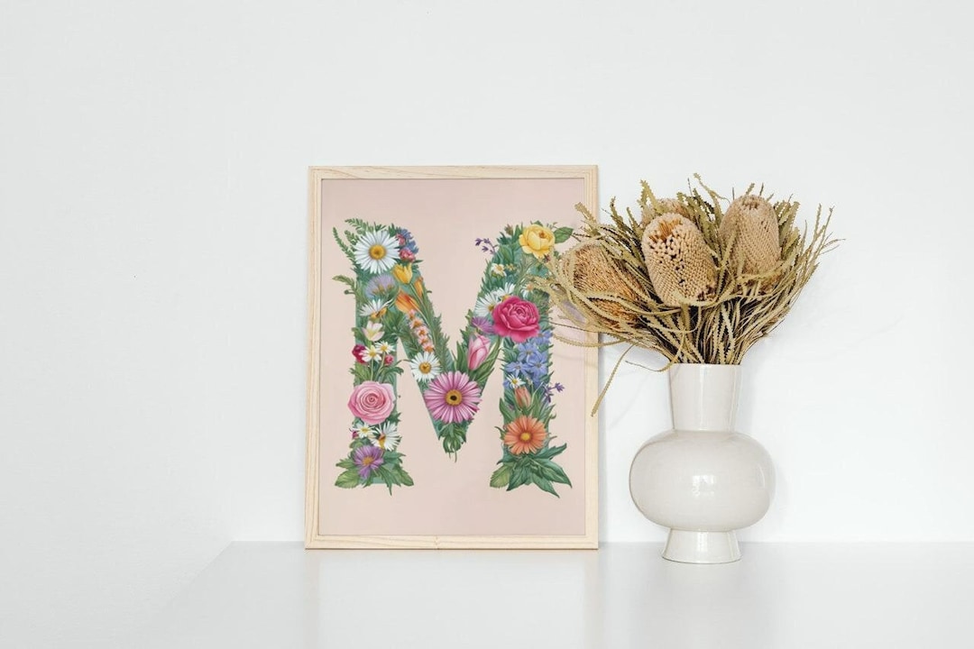 Floral Letter M Wall Art, Botanical Flower Initial Print,floral Letter ...