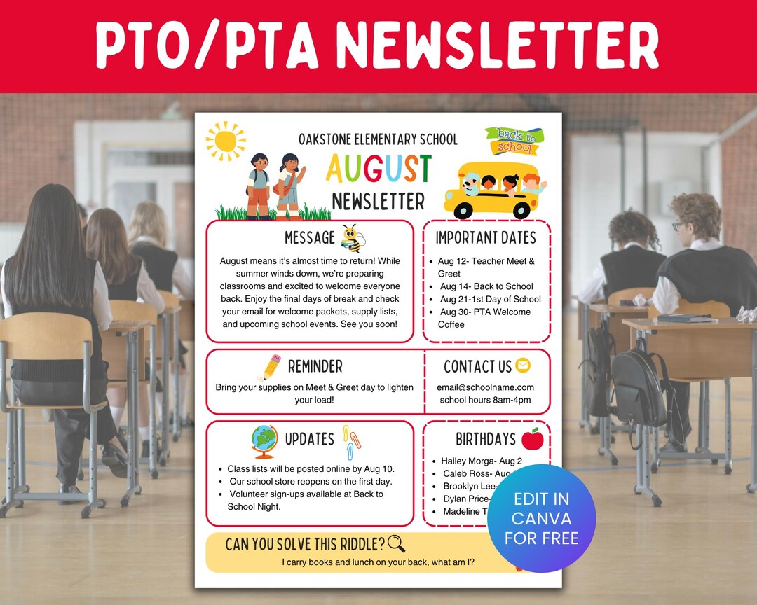 August Newsletter Template, Editable PTA PTO Monthly Newsletter, Back ...