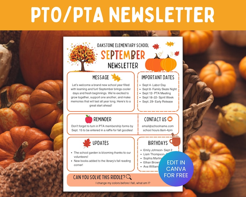 September Newsletter Template, Editable PTA PTO Monthly Newsletter ...