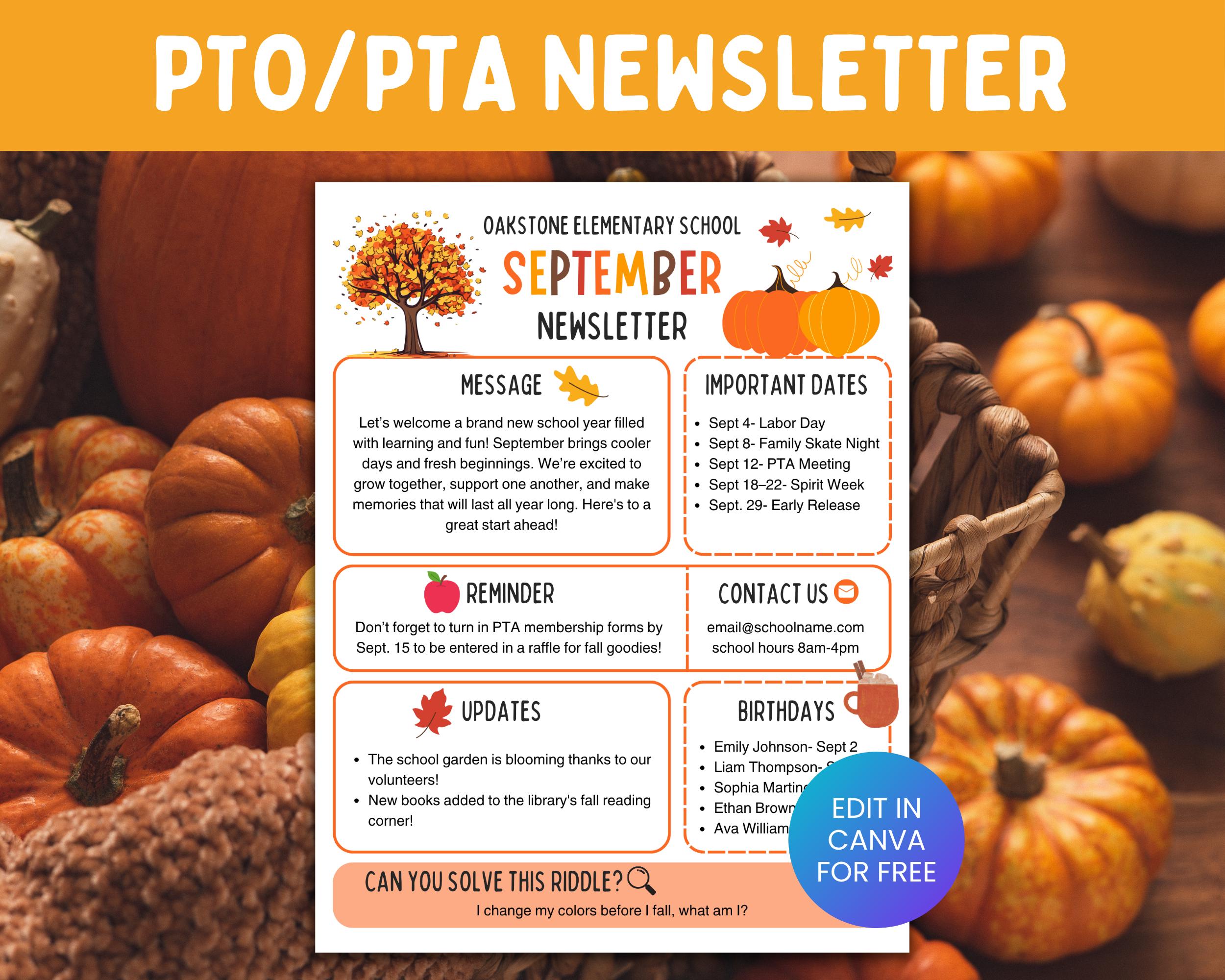 September Newsletter Template, Editable PTA PTO Monthly Newsletter ...
