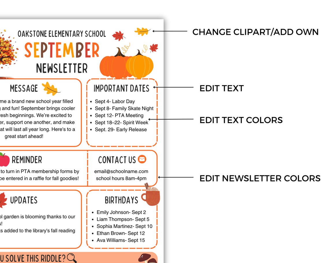 September Newsletter Template, Editable PTA PTO Monthly Newsletter ...