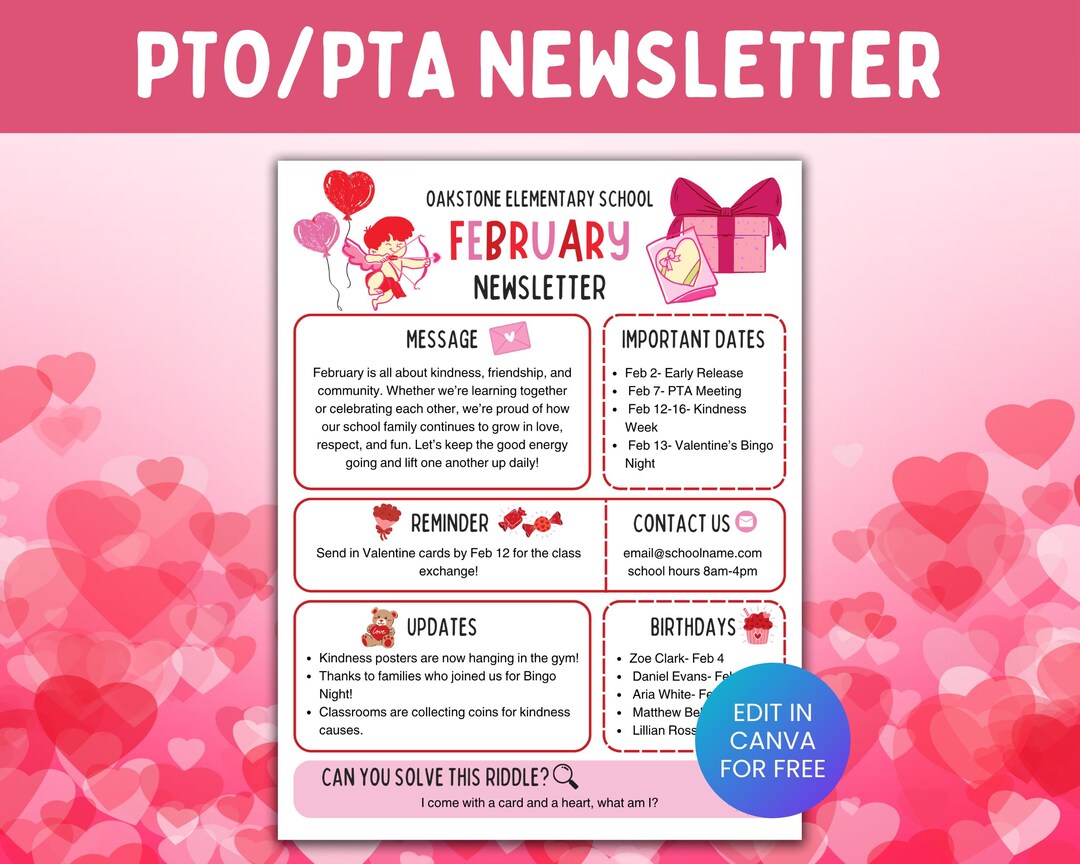 February Newsletter Template, Editable PTA PTO Monthly Newsletter ...