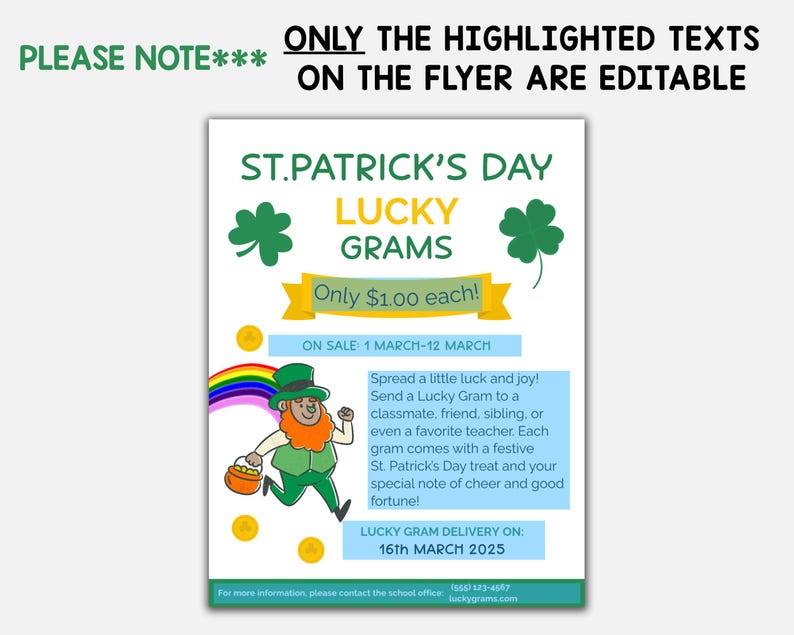 St Patricks Day Lucky Grams, Editable Candy Gram PTA PTO Printable ...