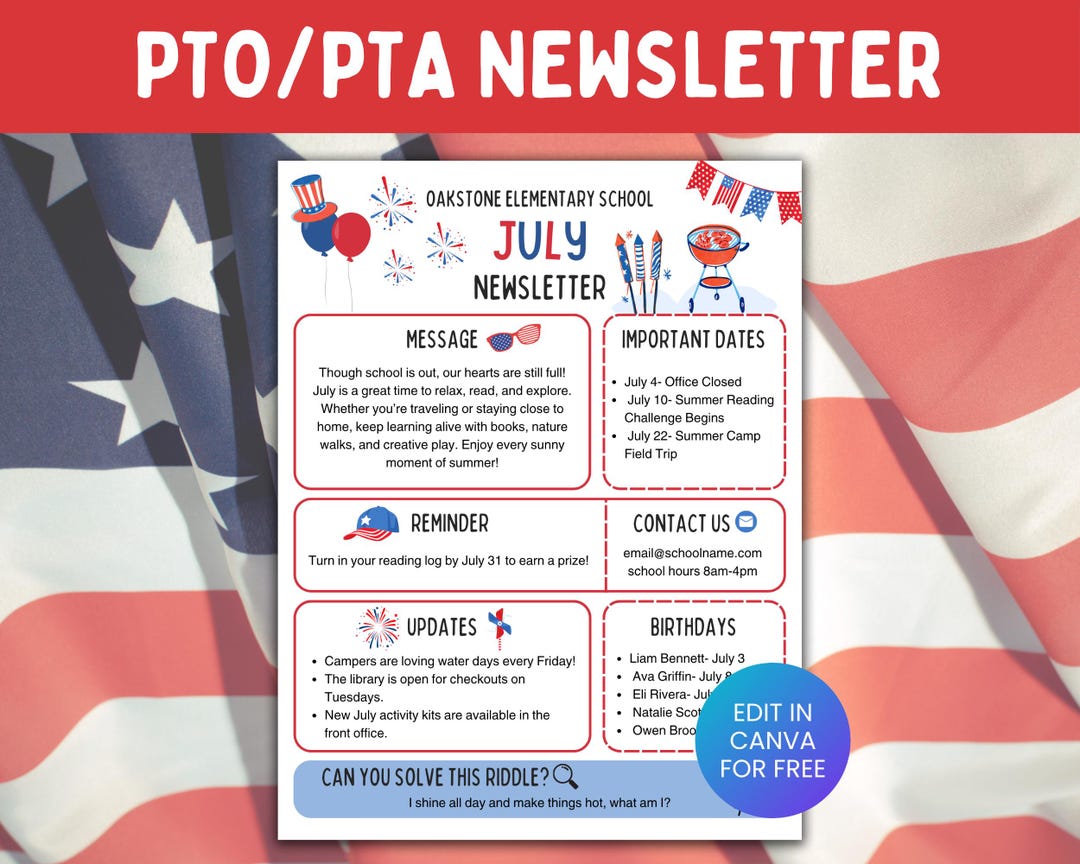 July Newsletter Template, Editable PTA PTO Monthly Newsletter, 4th of ...