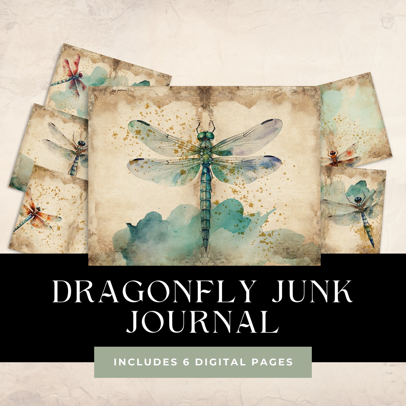 Dragonfly Junk Journal Paper, Teal and Gold, 6 Digital Journal Pages ...