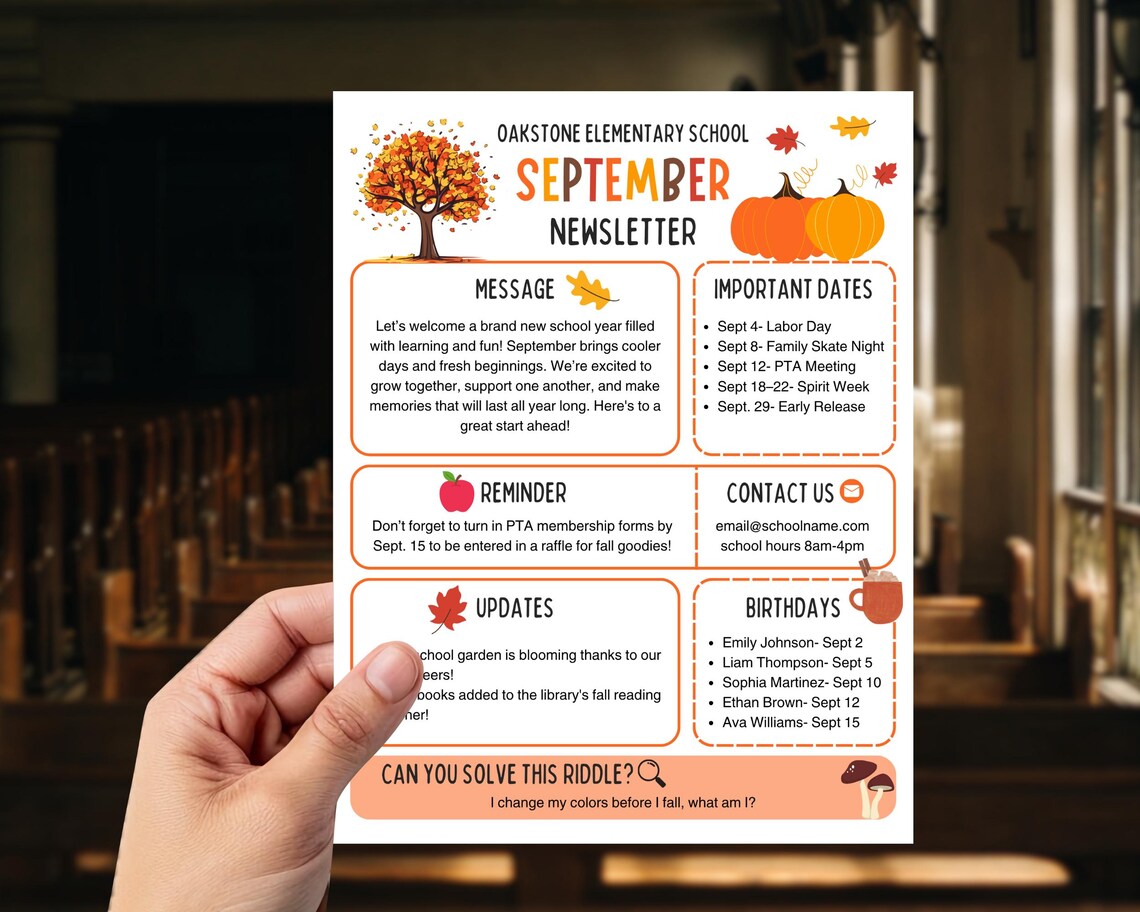 September Newsletter Template, Editable PTA PTO Monthly Newsletter ...