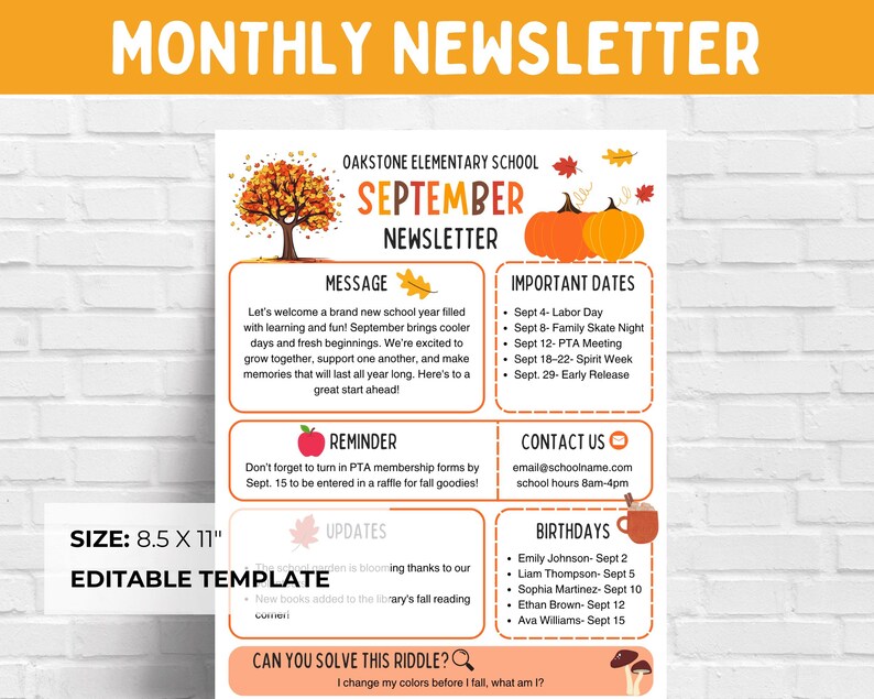 September Newsletter Template, Editable PTA PTO Monthly Newsletter ...