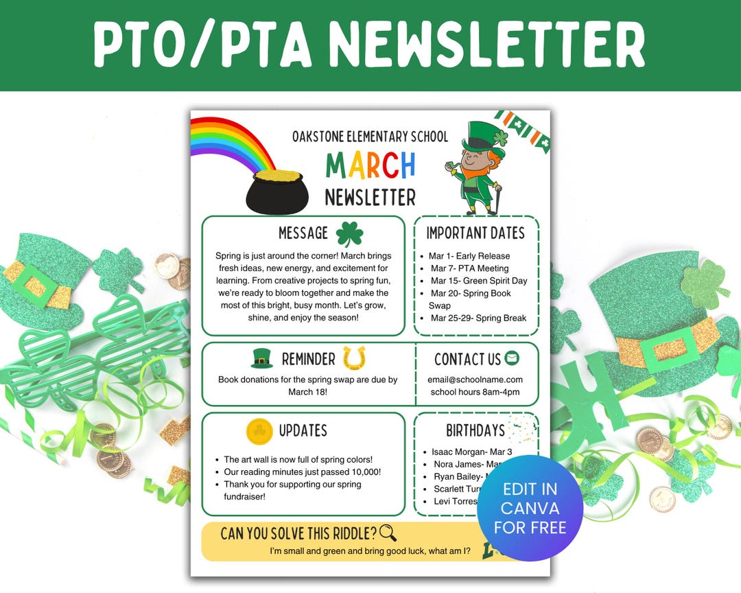 March Newsletter Template, Editable PTA PTO Monthly Newsletter, St ...