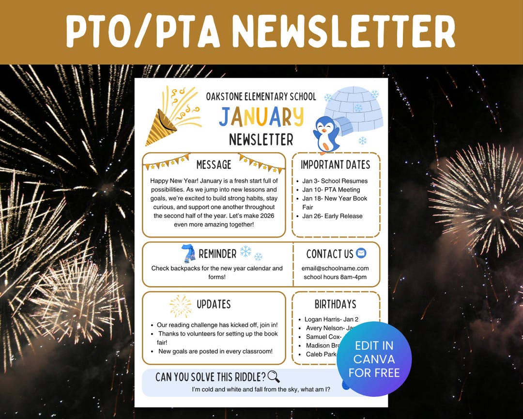 January Newsletter Template, Editable PTA PTO Monthly Newsletter ...