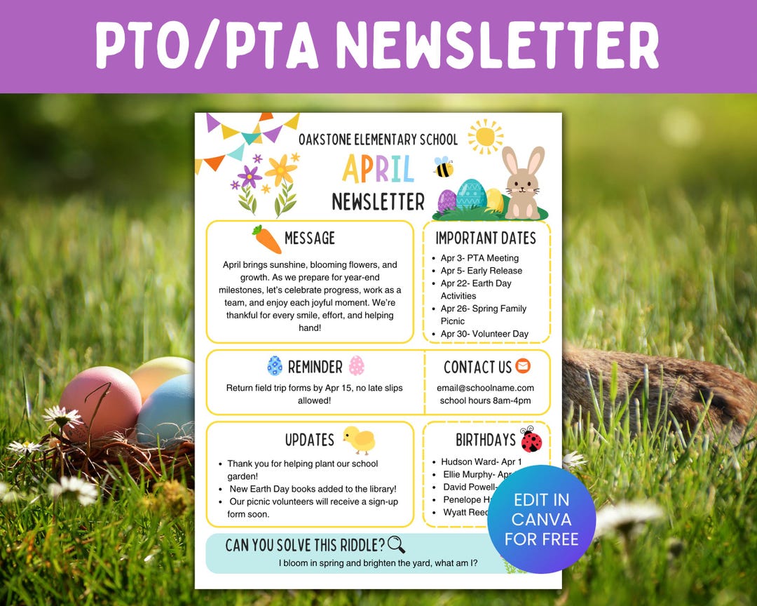 April Newsletter Template, Editable PTA PTO Monthly Newsletter ...