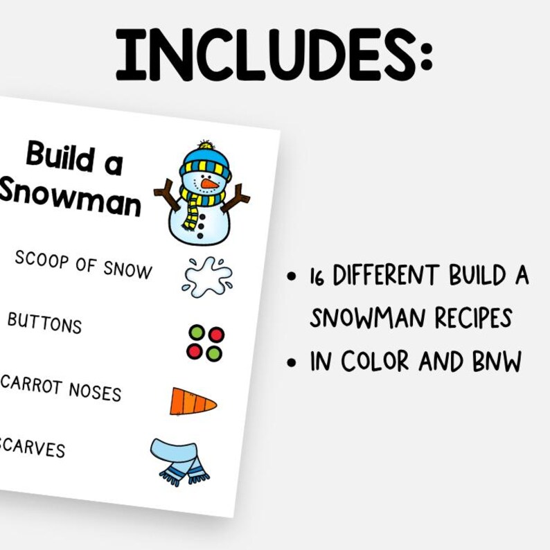 Build a Snowman, 16 Winter Sensory Bin Recipe Cards, Holiday Preschool ...