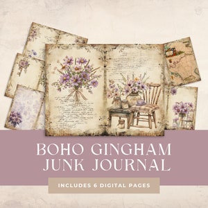 Boho Gingham Junk Journal, Watercolor Lilac Vintage Papers, 6 Digital ...