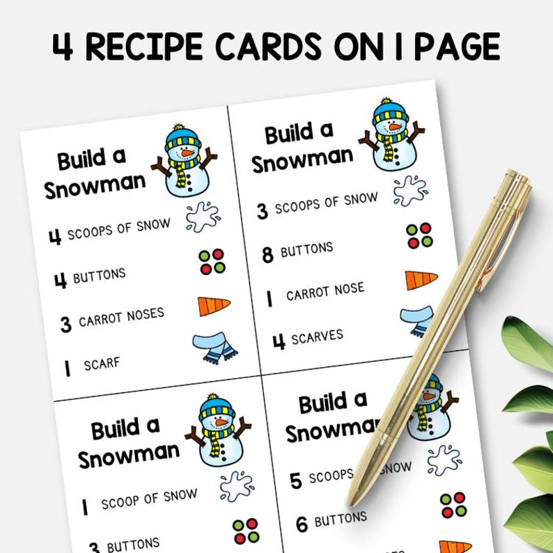 Build a Snowman, 16 Winter Sensory Bin Recipe Cards, Holiday Preschool ...