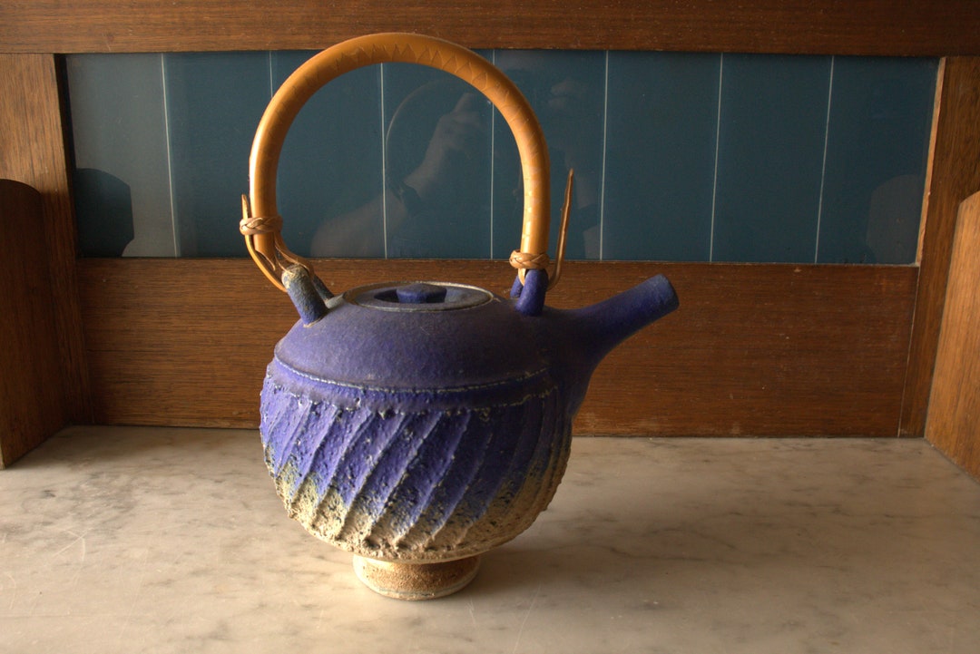 Rustic Blue Ceramic Teapot With Bamboo Handle - Etsy