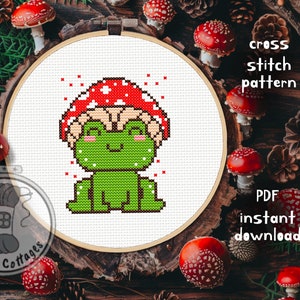 Mini Cross Stitch, Mushroom Frog, Cross Stitch Pattern, Kawaii Frog ...