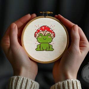 Mini Cross Stitch, Mushroom Frog, Cross Stitch Pattern, Kawaii Frog ...