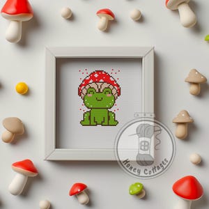 Mini Cross Stitch, Mushroom Frog, Cross Stitch Pattern, Kawaii Frog ...
