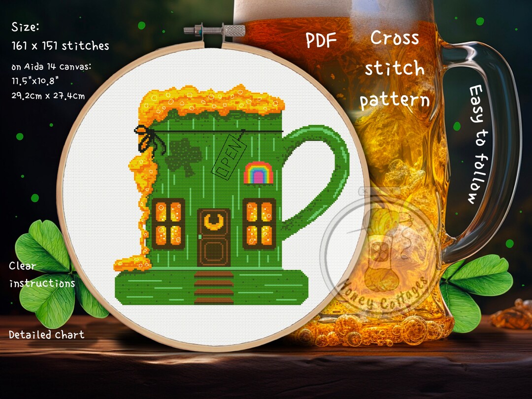 Beer Cross Stitch Pattern St Patricks Day Cross Stitch Leprechaun House ...