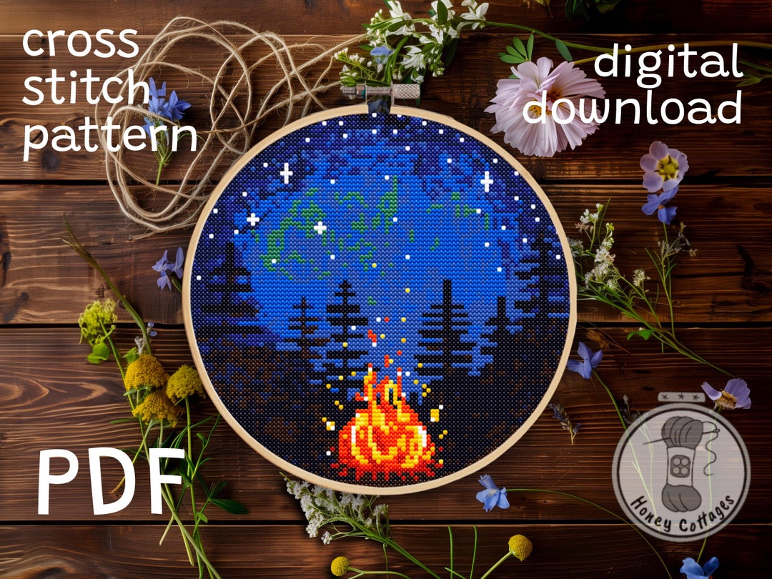 Campfire Landscape Cross Stitch Pattern: Modern Fire Art (PDF) - Etsy