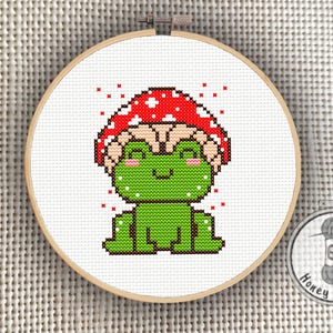 Mini Cross Stitch, Mushroom Frog, Cross Stitch Pattern, Kawaii Frog ...