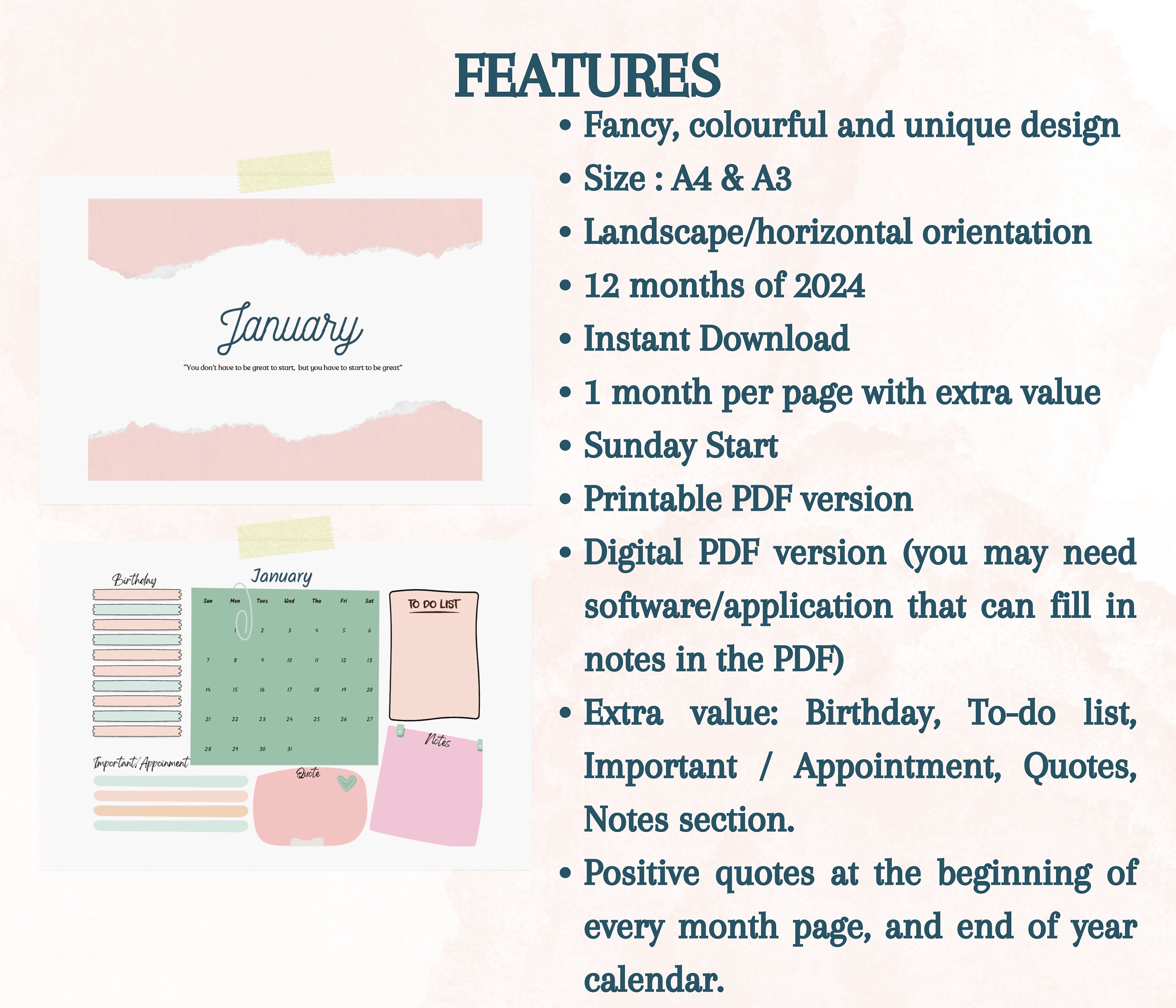 Printable Fancy Calendar 2024 With Monthly Planner. Gift for Her ...