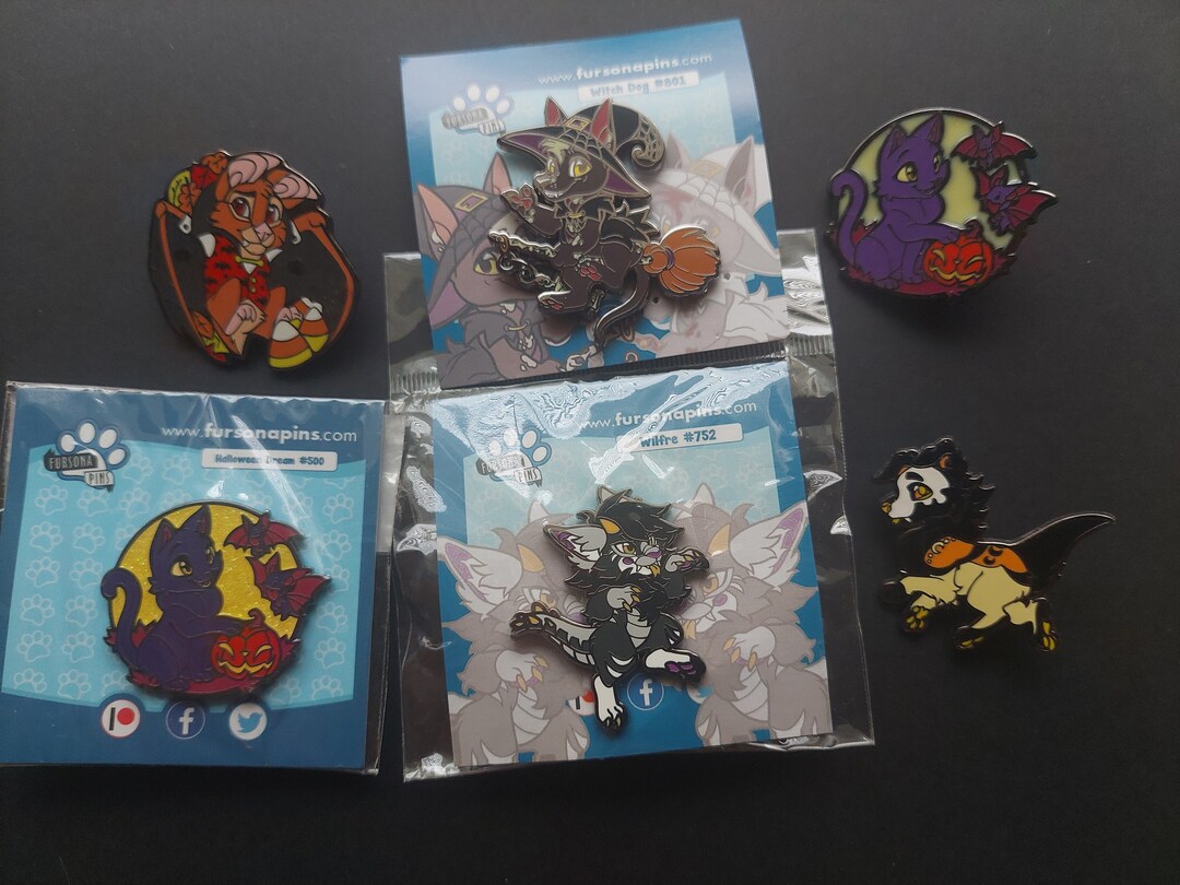 Halloween Furry Enamel Pins • Bat, Witch Dog & Cat Designs • Limited B ...