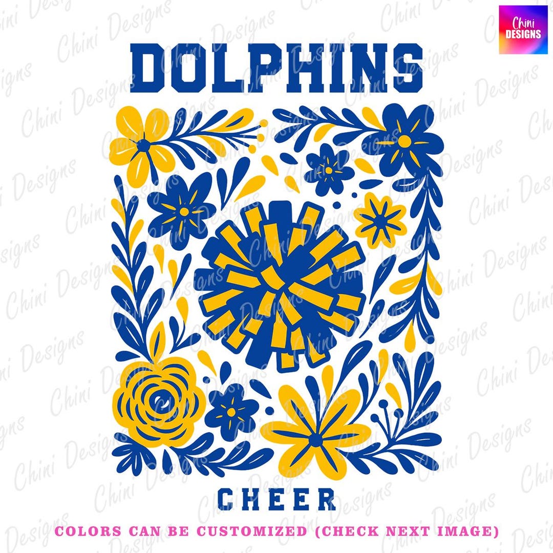 Floral Dolphins PNG, Blue Yellow Cheer Dolphins Design, School Team ...