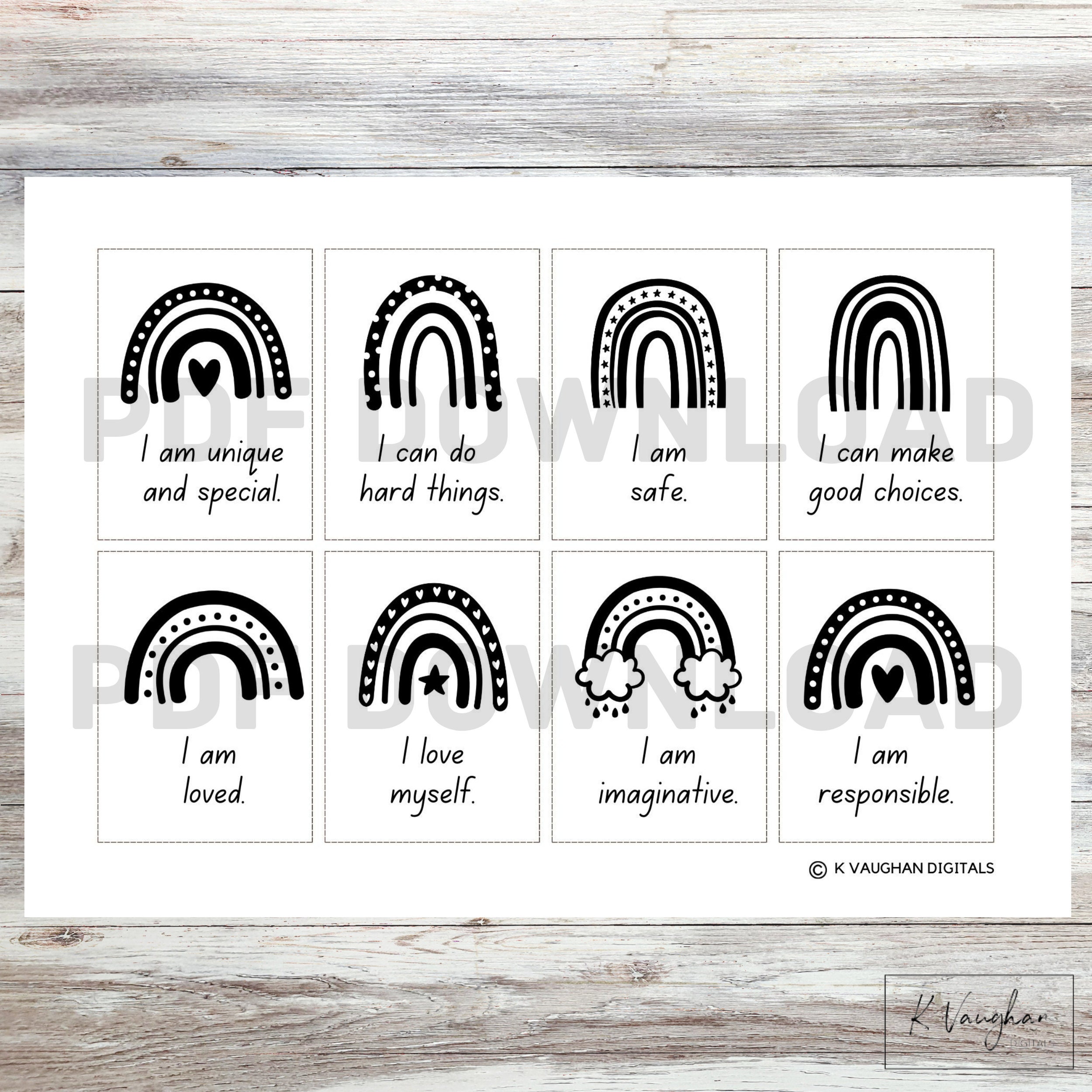 Affirmation Cards Kids Printable Black and White Rainbow - Etsy