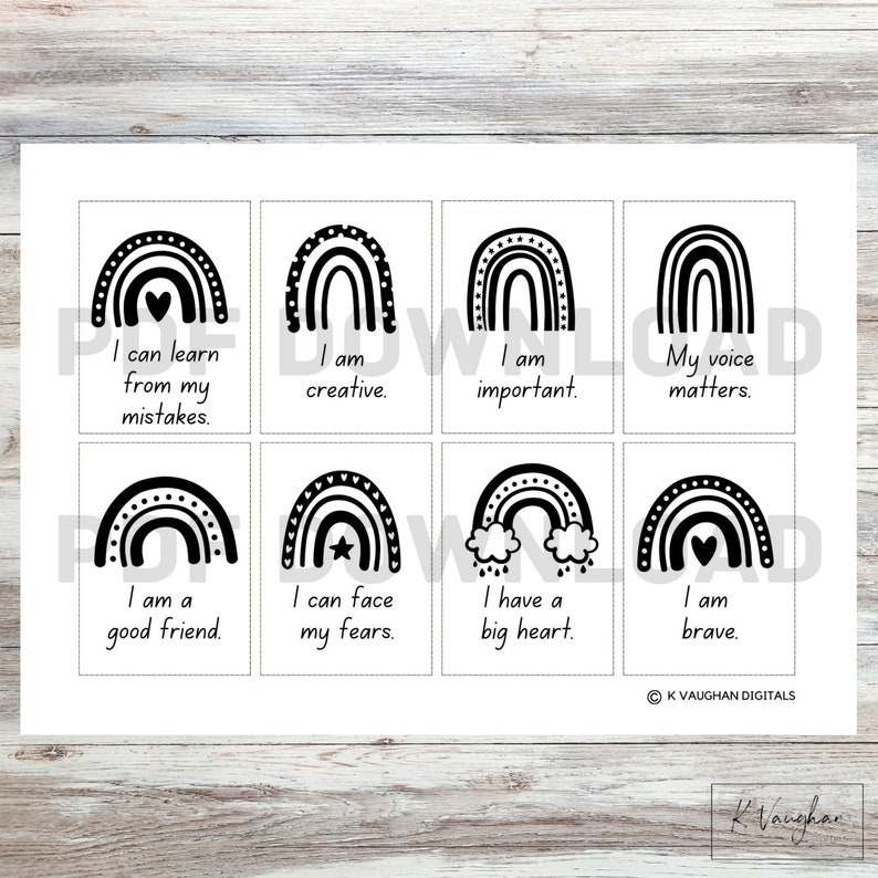Affirmation Cards Kids Printable Black and White Rainbow - Etsy