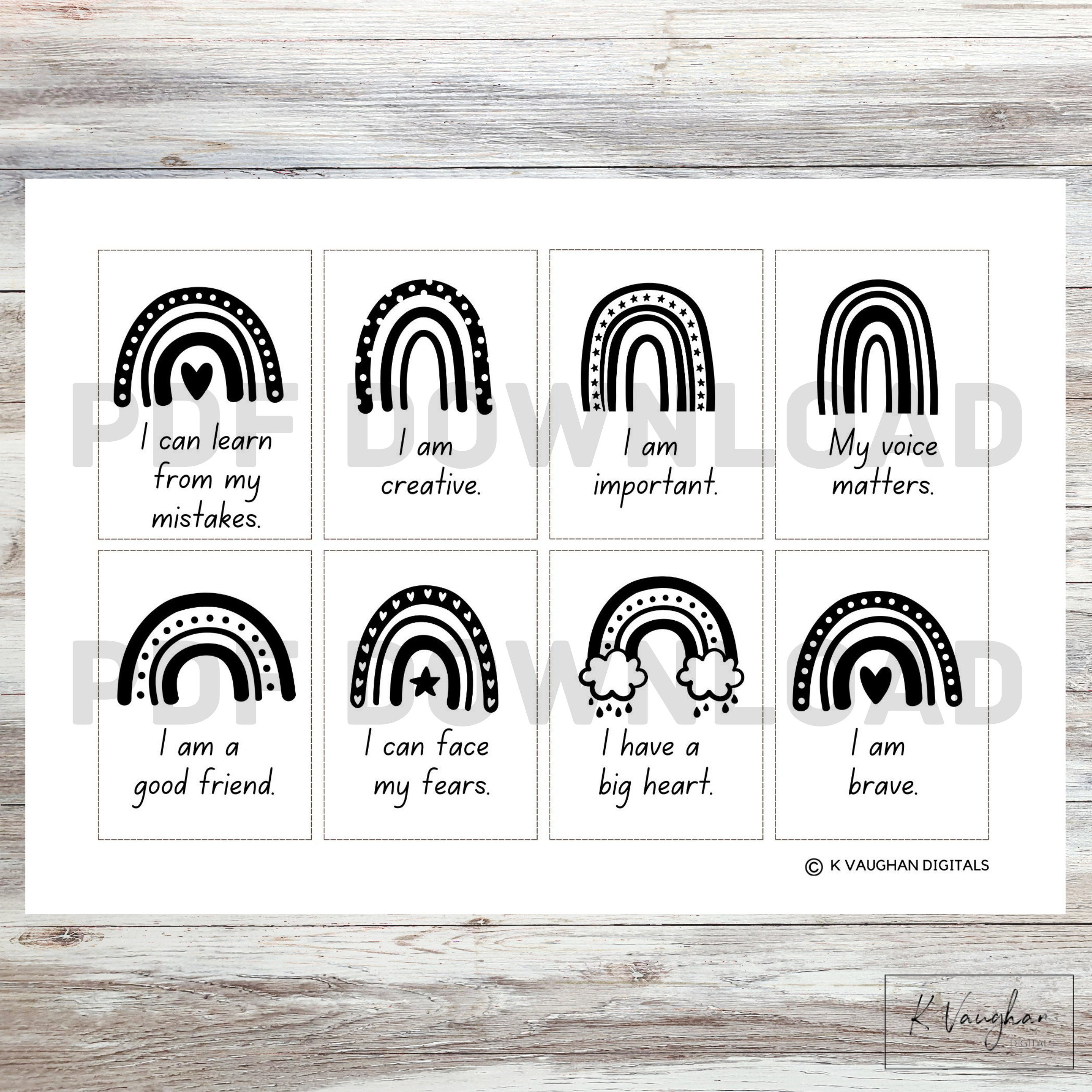 Affirmation Cards Kids Printable Black and White Rainbow - Etsy
