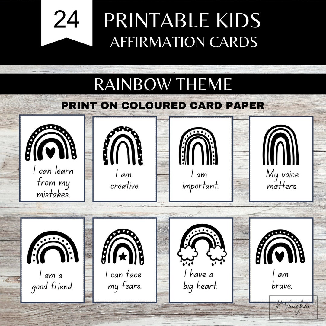 Affirmation Cards Kids Printable Black and White Rainbow - Etsy