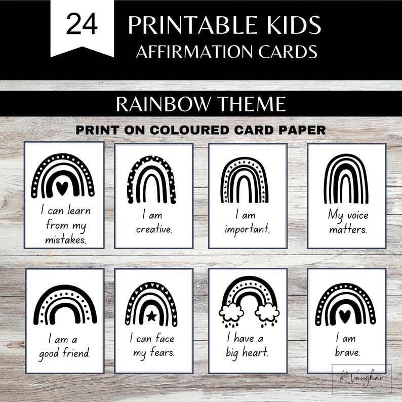 Affirmation Cards Kids Printable Black and White Rainbow - Etsy