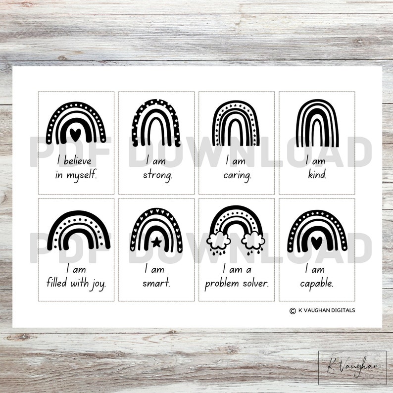 Affirmation Cards Kids Printable Black and White Rainbow - Etsy