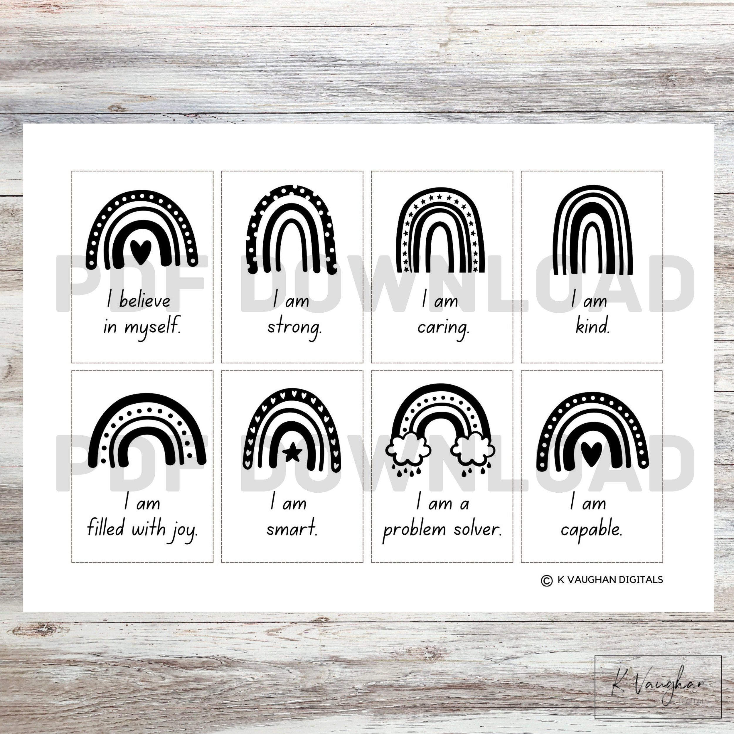 Affirmation Cards Kids Printable Black and White Rainbow - Etsy