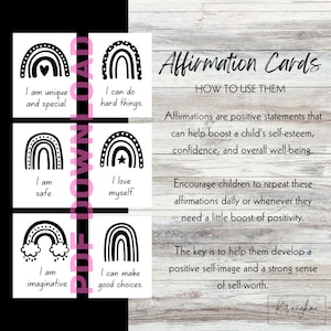 Affirmation Cards Kids Printable Black and White Rainbow - Etsy
