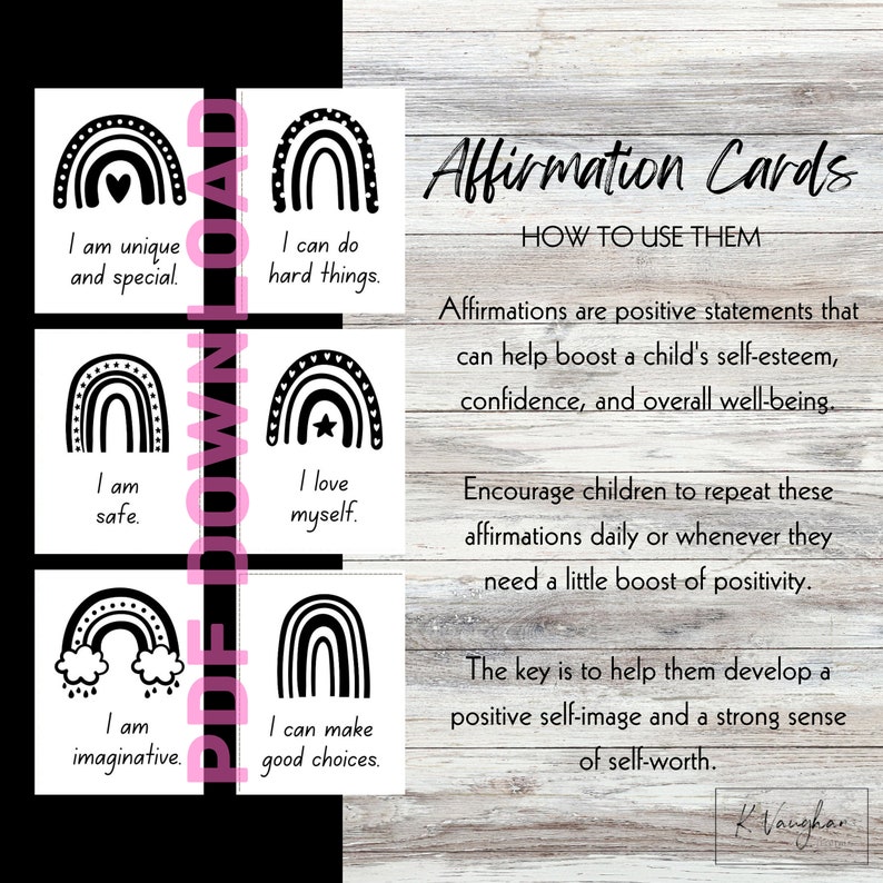Affirmation Cards Kids Printable Black and White Rainbow - Etsy