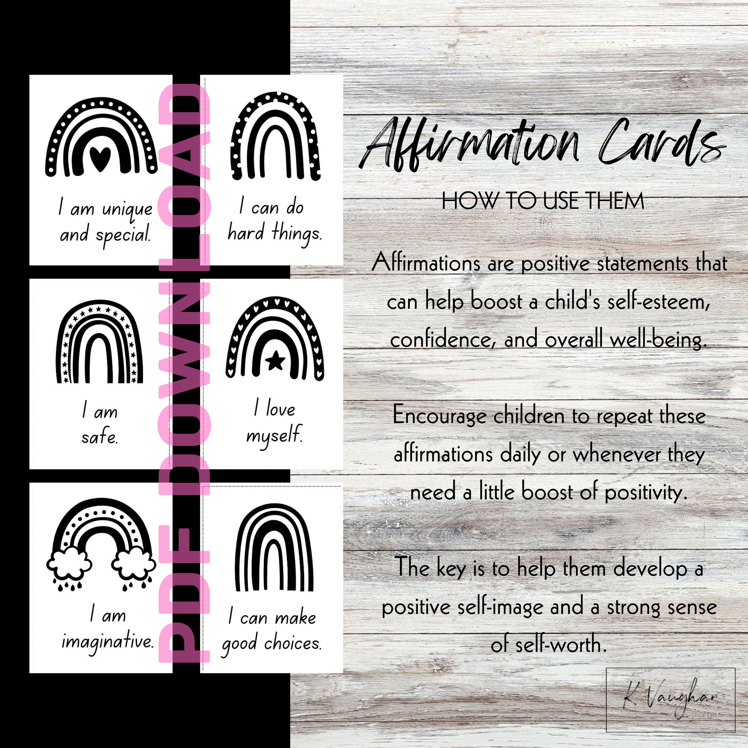 Affirmation Cards Kids Printable Black and White Rainbow - Etsy