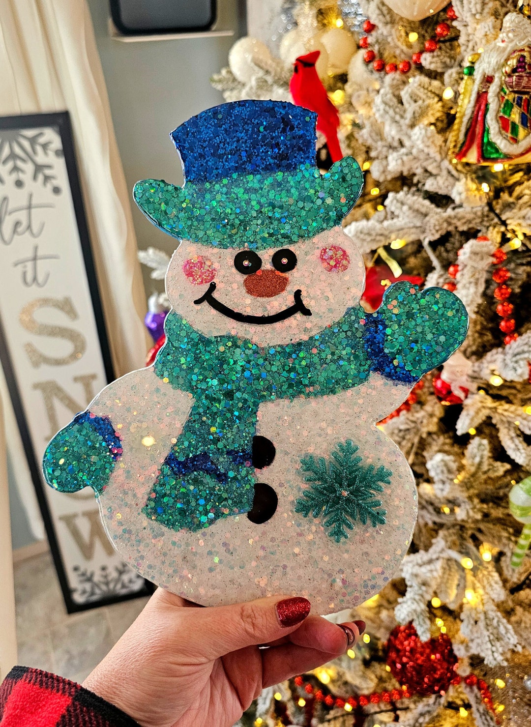 Glittery Snowman Wall Art With Epoxy Resin Finish and Snowflake With ...