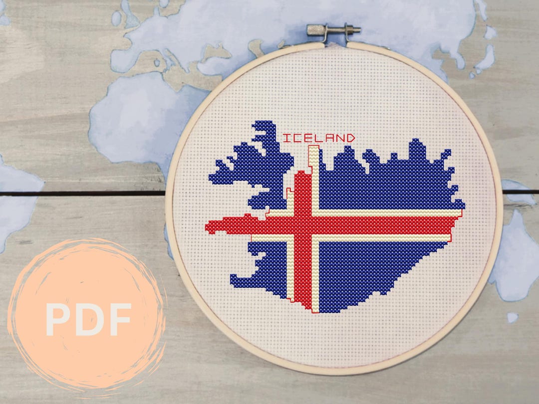 Iceland Cross-stitch Pattern: Country Outline With Flag and Name - PDF ...