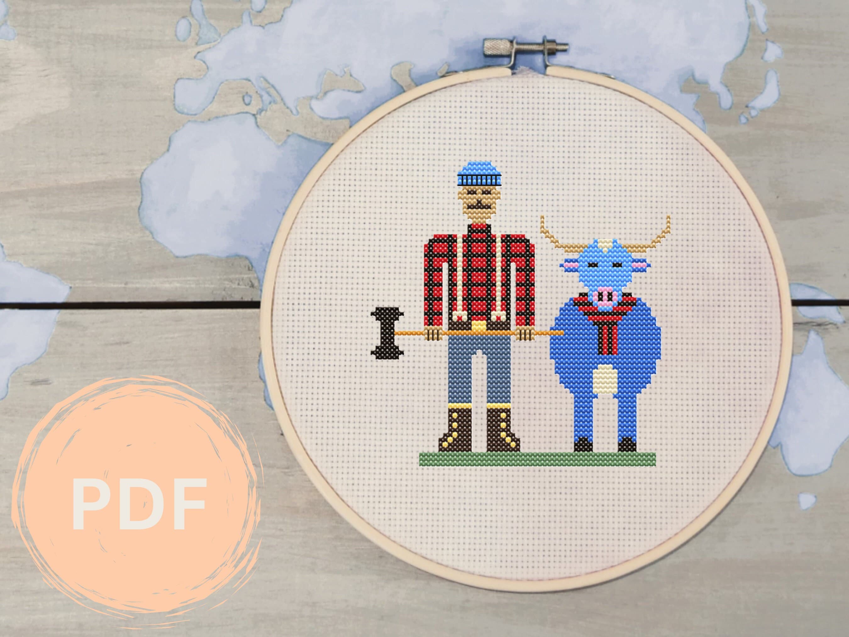 Paul Bunyan and Babe Cross Stitch Pattern, Minnesota Folklore (PDF ...
