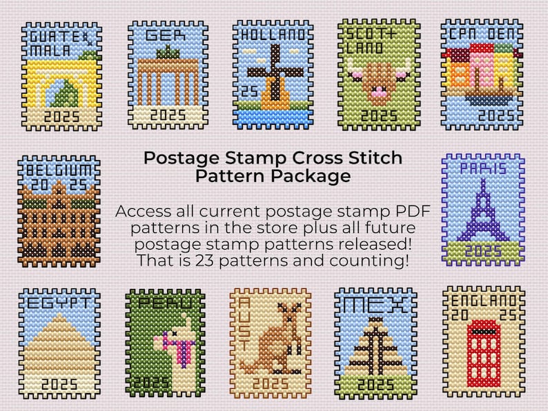 Postage Stamp Cross Stitch Pattern Package, Postage Stamp Cross-stitch ...