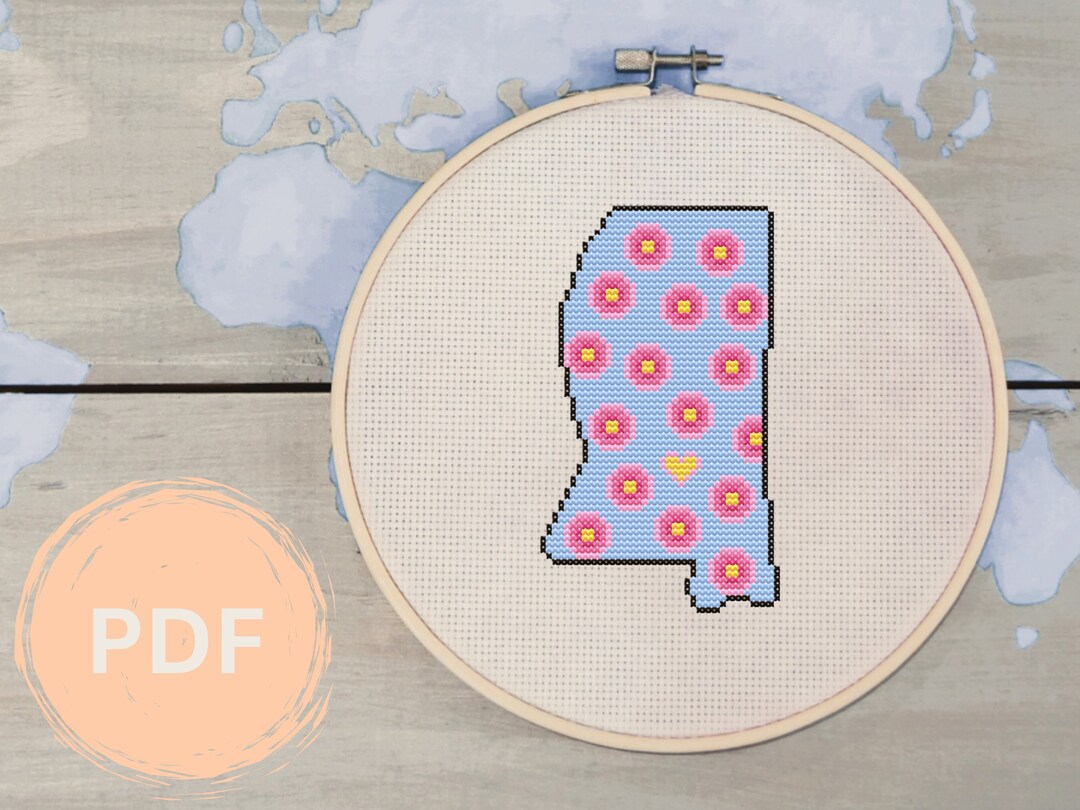 Mississippi Outline Cross-stitch Pattern | DIY Southern Charm Embroidery | Magnolias - Etsy